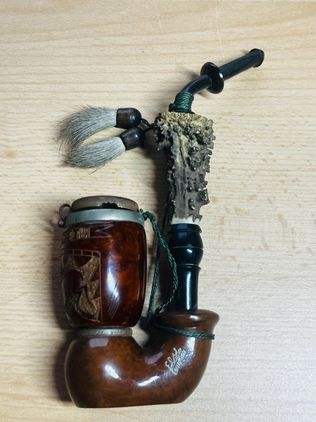 Antique German Tobacco Pipe: Amboina Burl & Antler Wood Hunting Decor ...