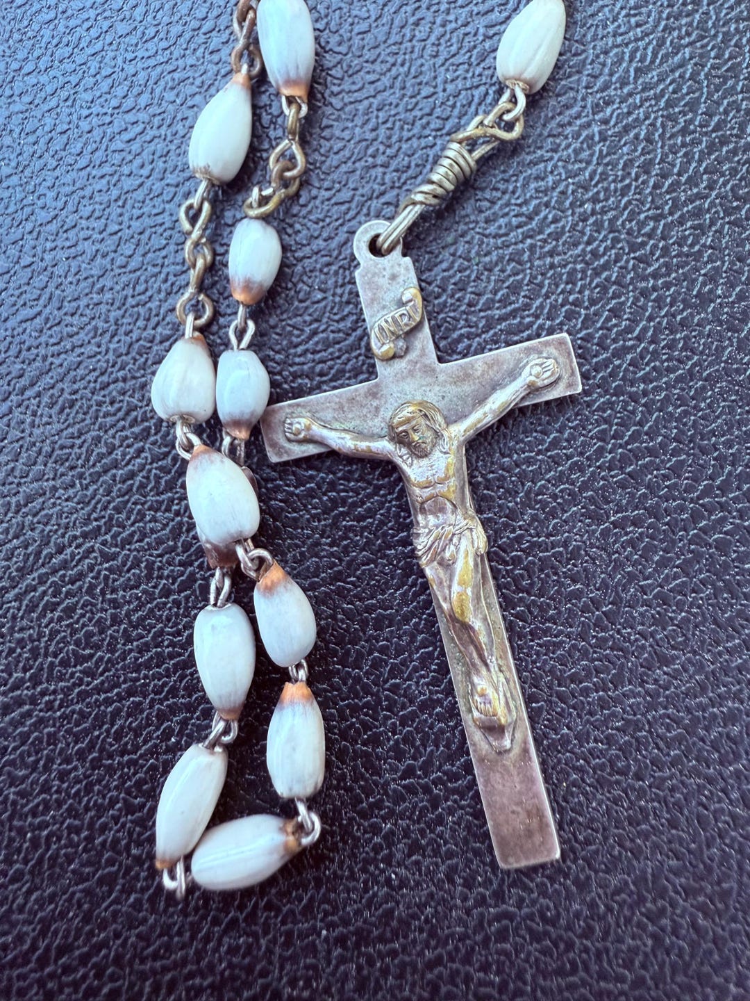 Antique 1800's Rosary Beads Metal Crucifix Religious Catholic White ...