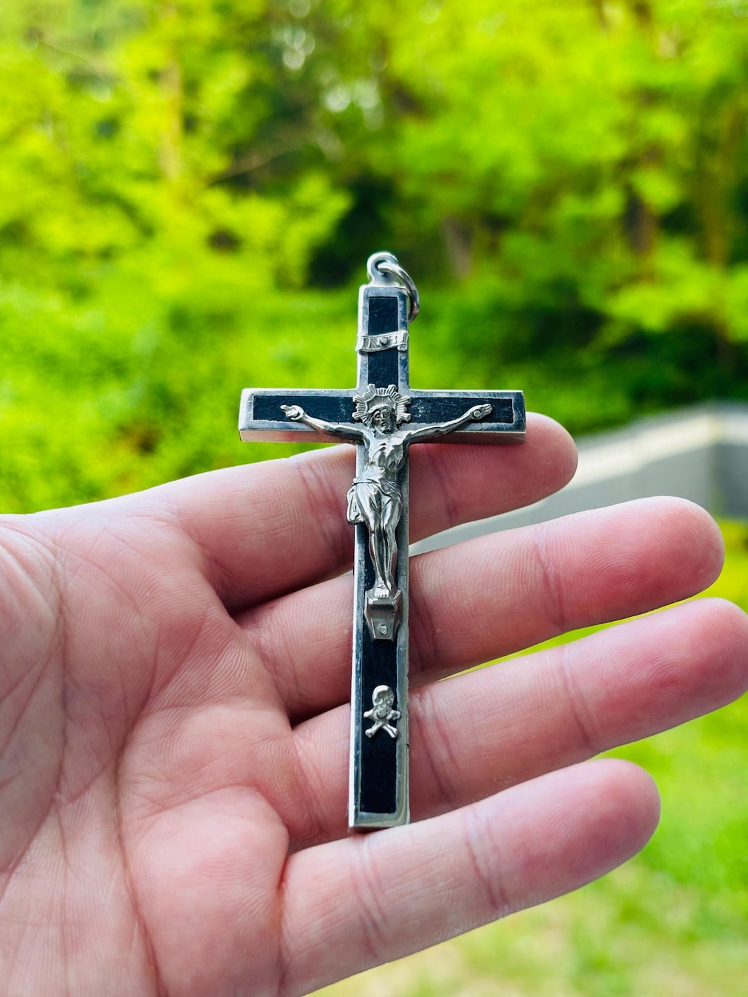 Antique German Catholic Crucifix: Black Metal Cross With Skull, 1949 ...
