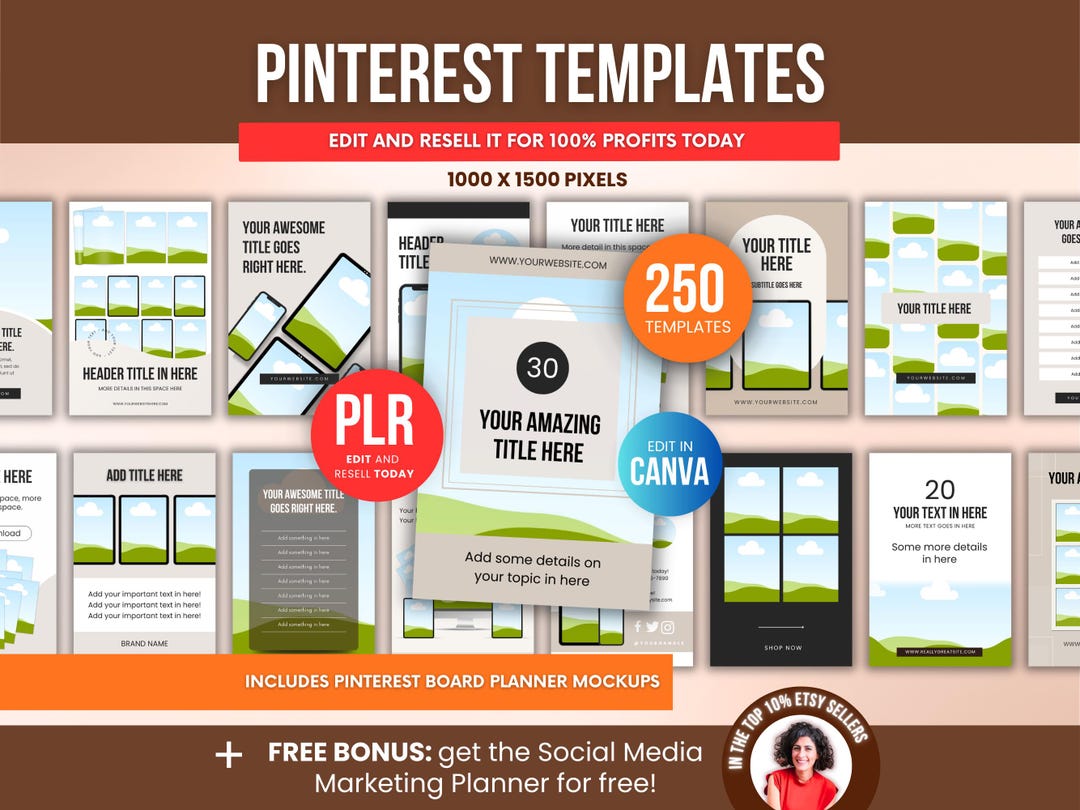 250 Pinterest Pin Templates Canva PLR, Editable Pin Template Bundle ...