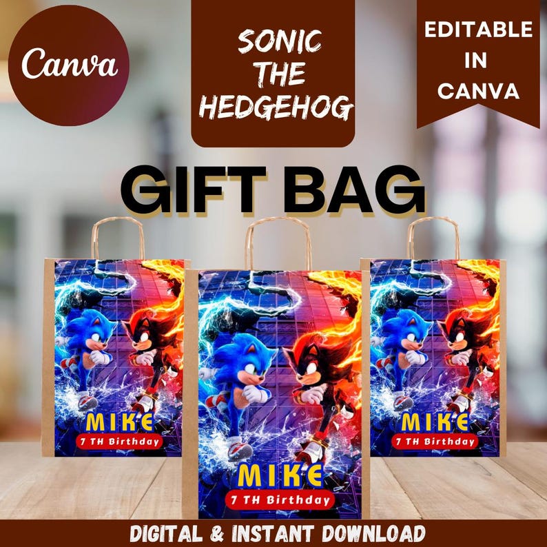 Sonic Hedgehog Birthday Gift Bag Label: Editable Canva Template ...