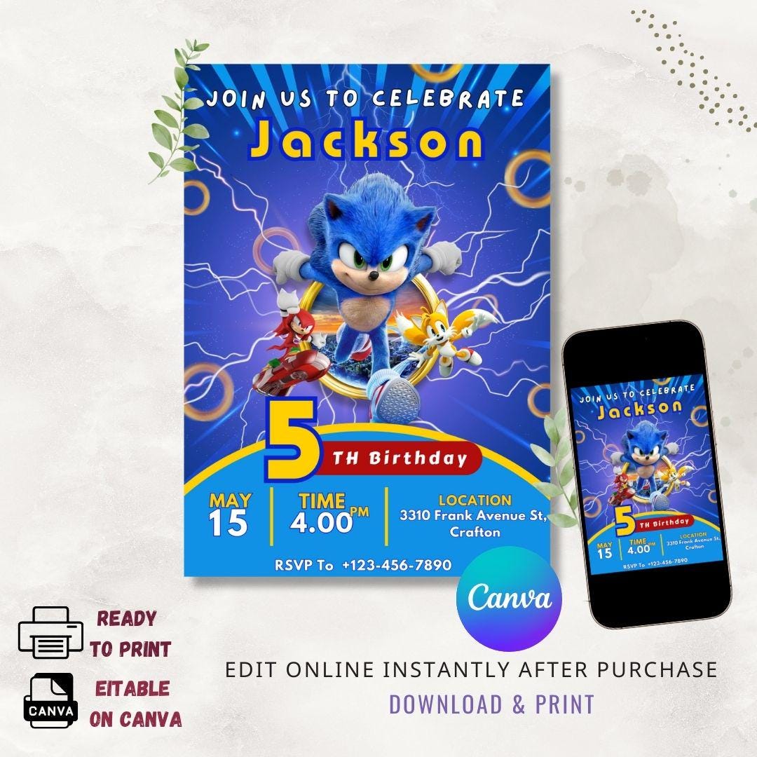 Sonic Hedgehog Editable Birthday Invitation | Hedgehog Party Invitation ...