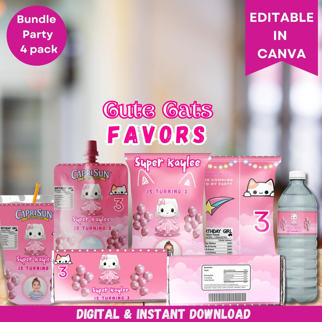 Editable Pink Cats Party Birthday Bundle/cute Cat Chip Bag Water Bottle ...