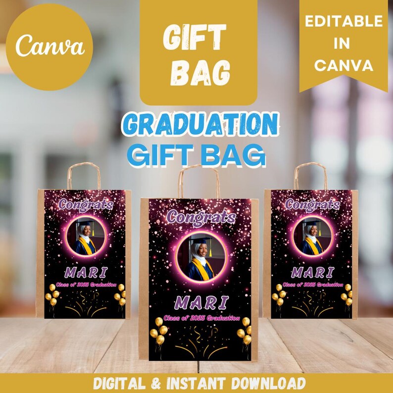 Editable Graduation Gift Bag Label | Printable Canva Template (digital ...