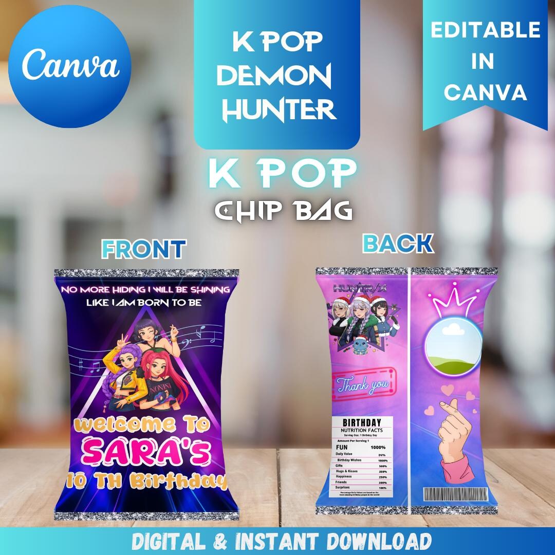 K Pop Chip Bag Template: Editable Party Favor Editable KPOP Demon ...