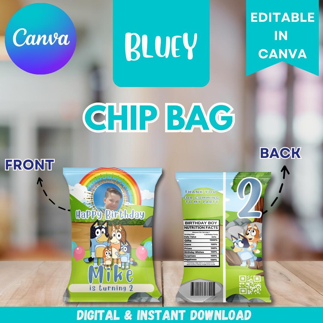 Bluey Chip Bag Boy Bluey and Bingo, Editable Chip Bag Blue Dog Birthday ...