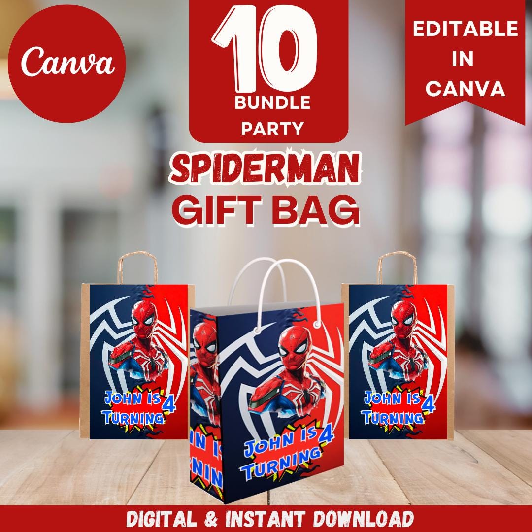 Spiderman Birthday Gift Bag Label | Editable Canva Template (digital ...