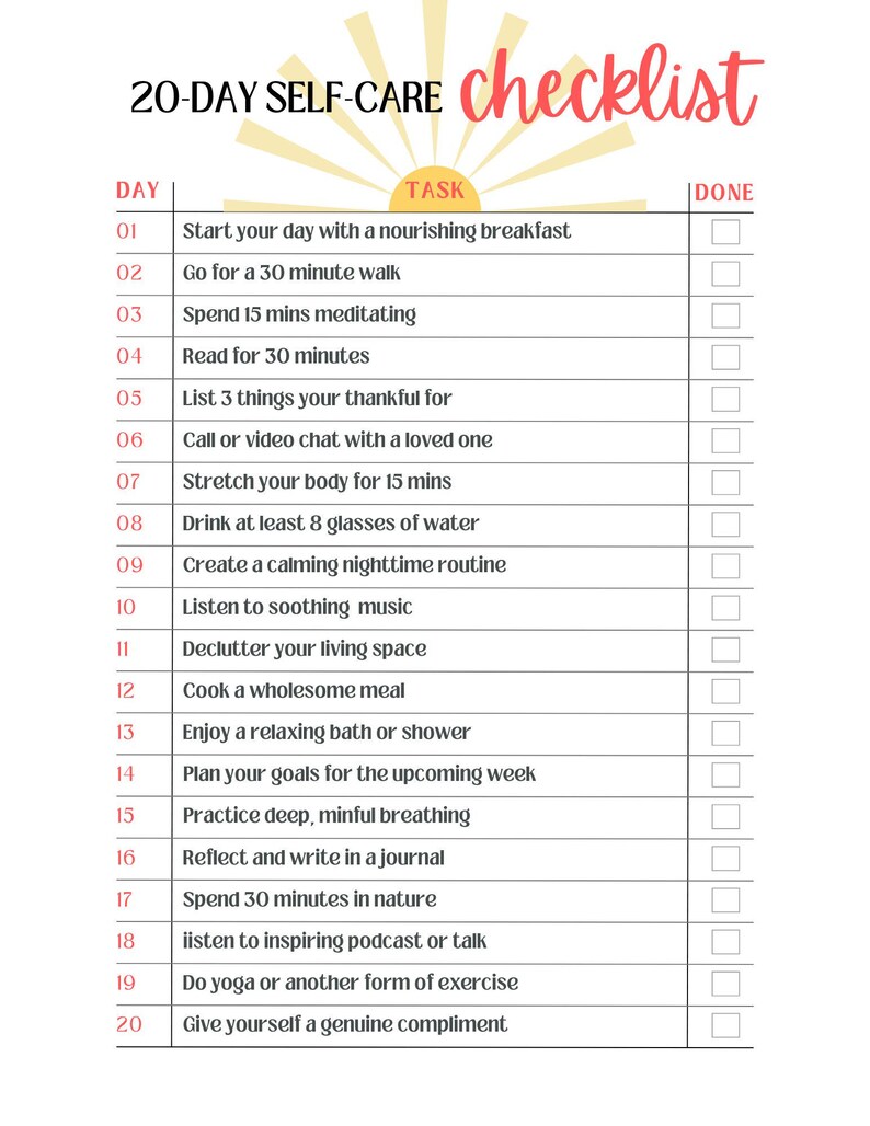 20-day Self-care Challenge Checklist | Printable Wellness Tracker ...
