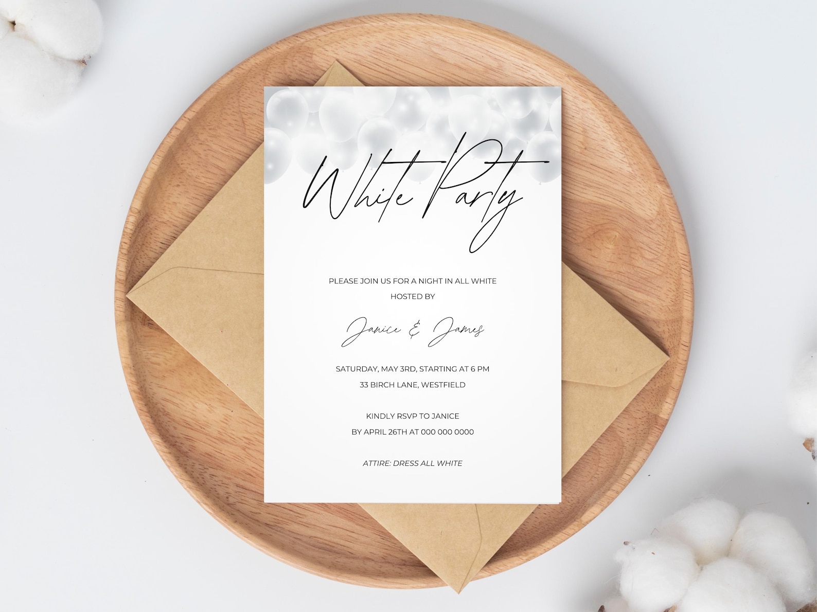 White Party Invitation Template, Editable All White Theme Party ...
