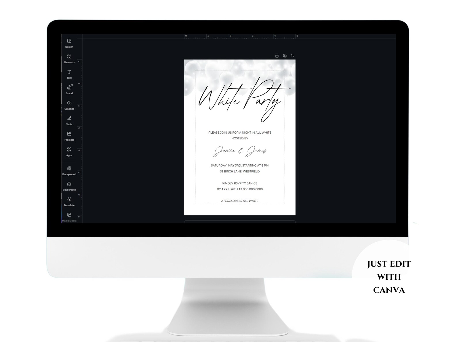 White Party Invitation Template, Editable All White Theme Party ...