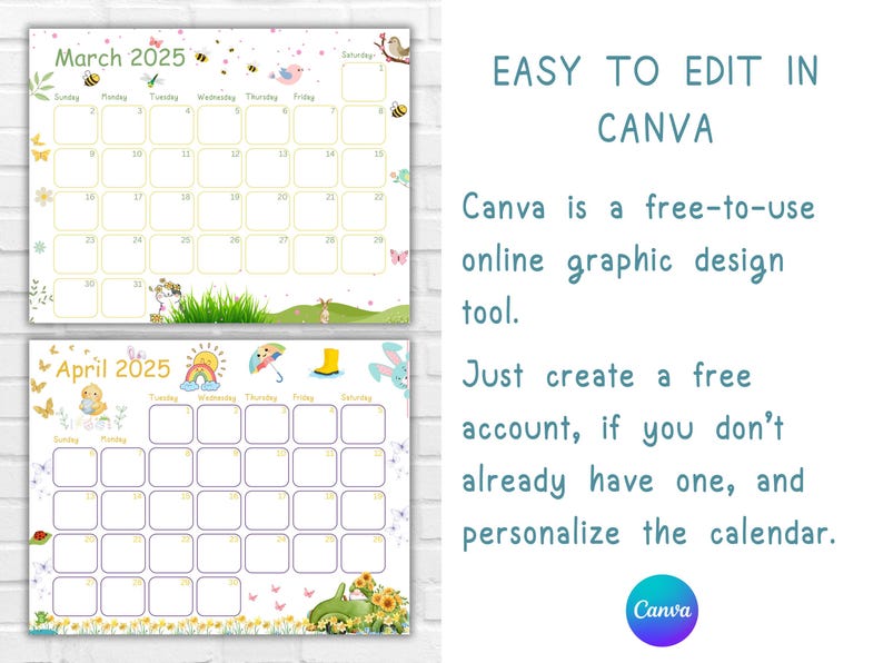 2025 Printable Kids Calendar – Cute Monthly Planner for Kids, Editable ...