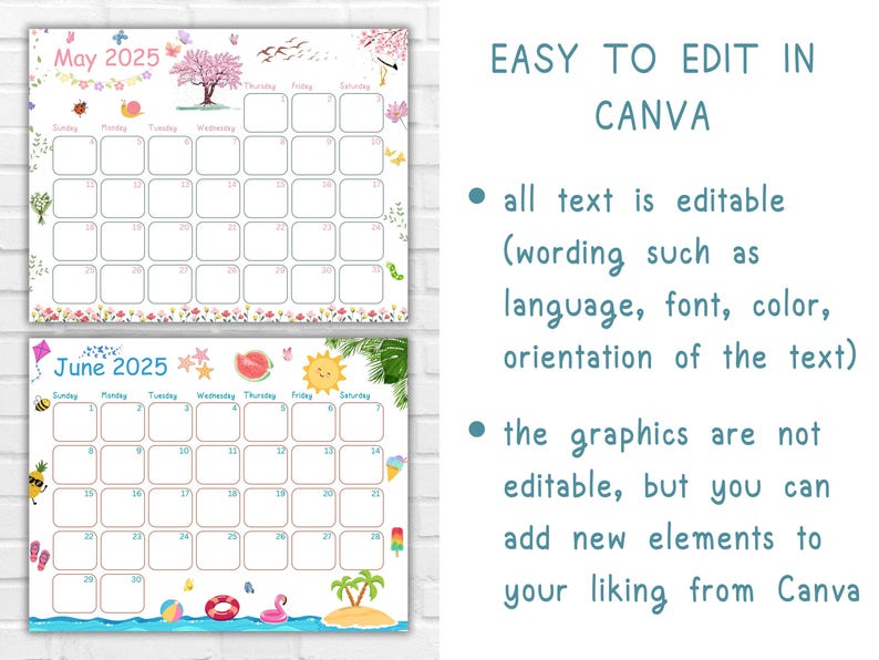 2025 Printable Kids Calendar – Cute Monthly Planner for Kids, Editable ...