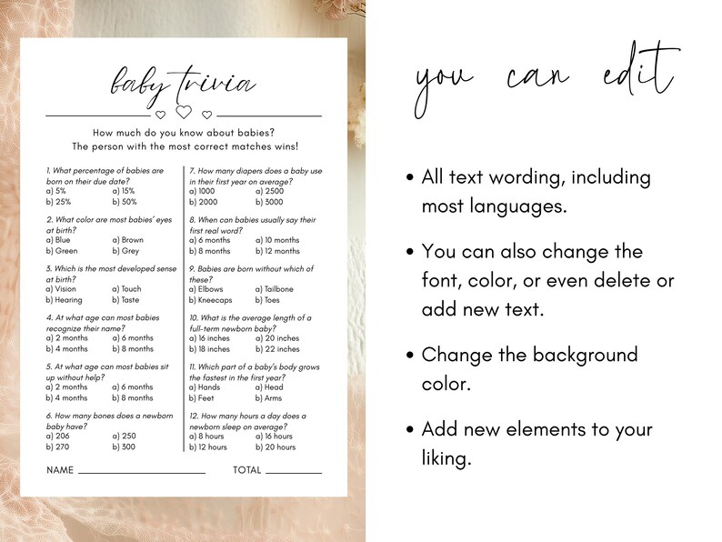 Editable Baby Trivia Game – Printable Baby Shower Activity, Canva ...