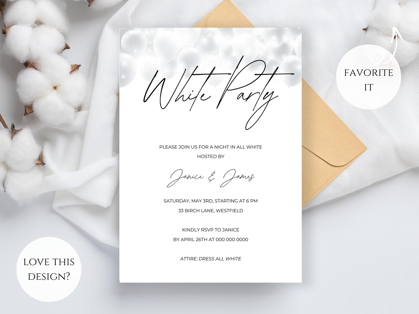 White Party Invitation Template, Editable All White Theme Party ...