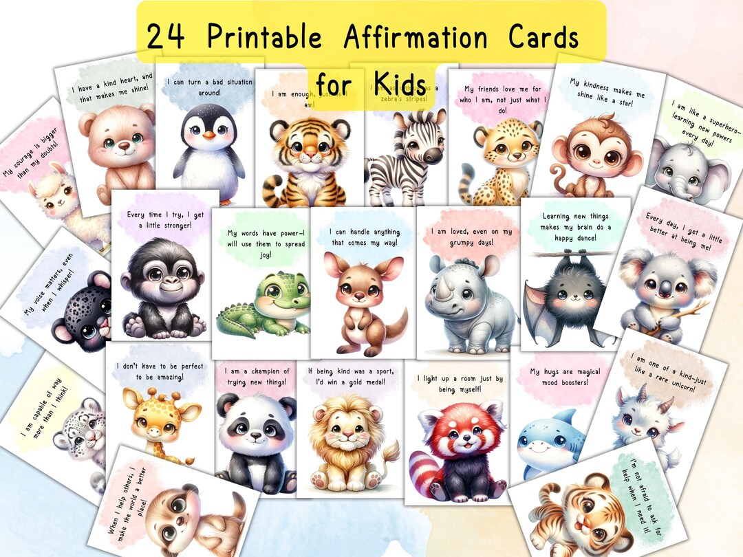 Printable Affirmation Cards for Kids, 24 Cute Animal Affirmation Cards ...