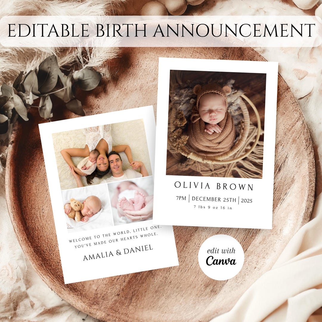 Neutral Baby Birth Announcement Template, Editable Canva Digital ...