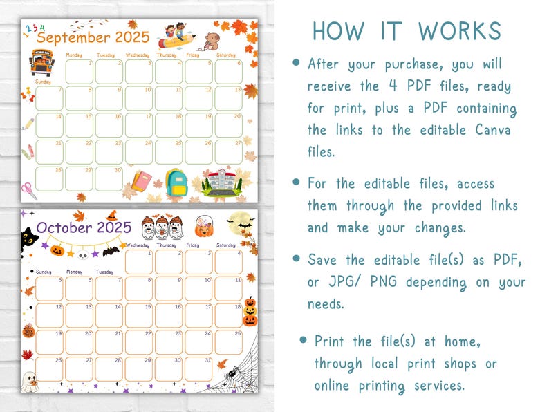 2025 Printable Kids Calendar – Cute Monthly Planner for Kids, Editable ...