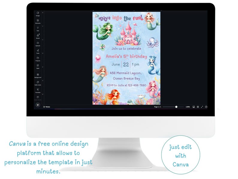 Editable Mermaid Birthday Invitation, Under the Sea Girl Party Invite ...