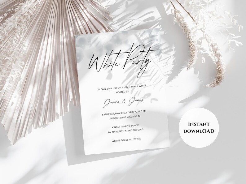 White Party Invitation Template, Editable All White Theme Party ...