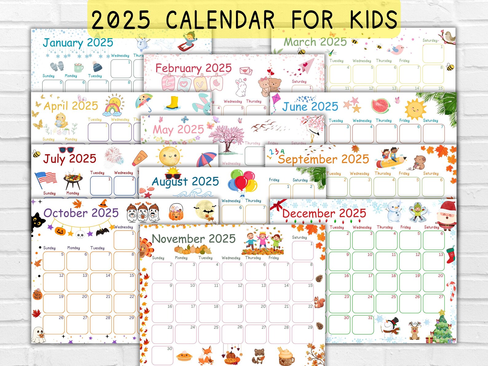 2025 Printable Kids Calendar – Cute Monthly Planner for Kids, Editable ...