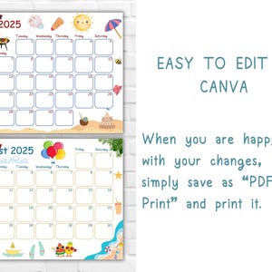 2025 Printable Kids Calendar – Cute Monthly Planner for Kids, Editable ...