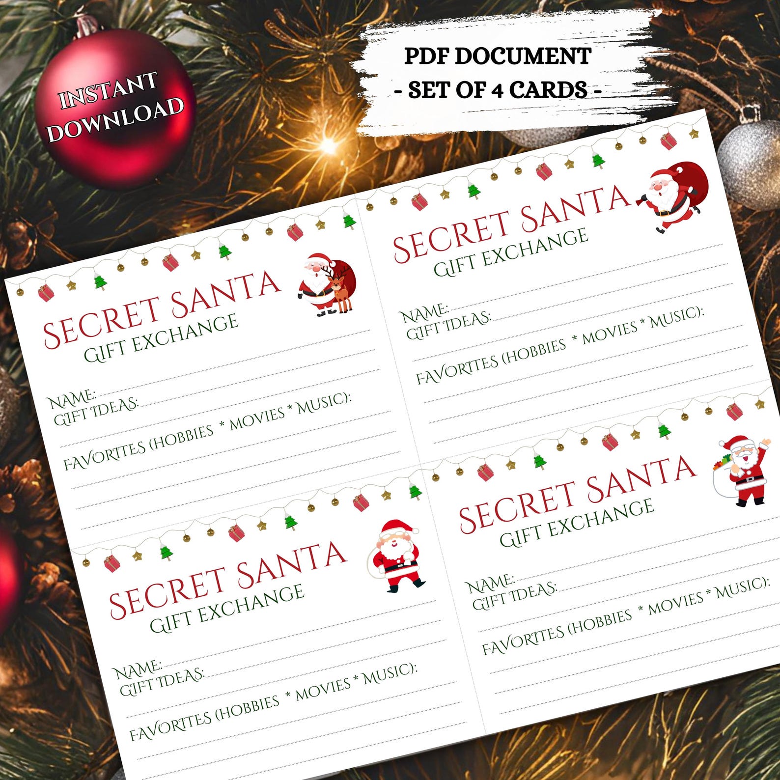 Printable Secret Santa Christmas Gift Exchange Cards – Instant Digital ...
