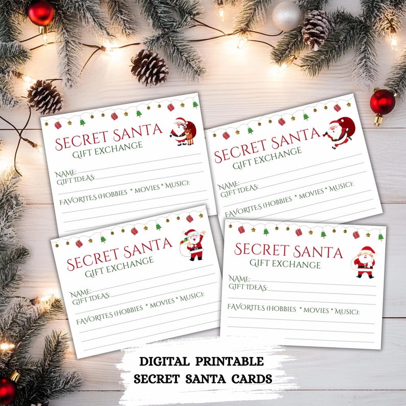 Printable Secret Santa Christmas Gift Exchange Cards – Instant Digital ...