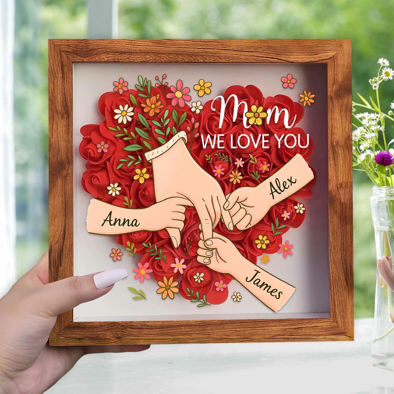 Personalized Handprints Mom and Kids Names Flower Shadow Box, Mother's ...