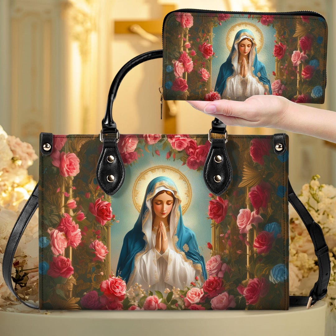 Virgin Mary PU Leather Handbag, Lady of Lourdes Religious Purse ...