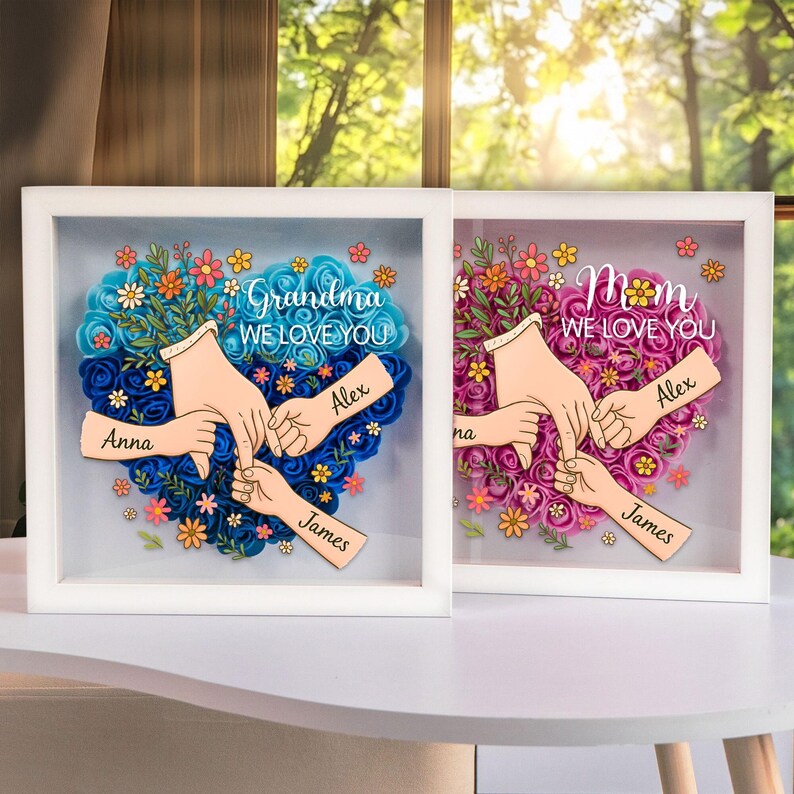 Personalized Handprints Mom and Kids Names Flower Shadow Box, Mother's ...