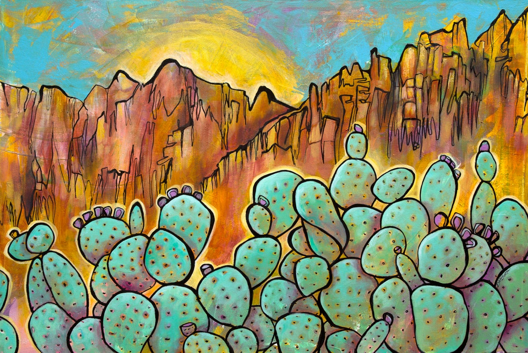 Desert Art Print, Abstract Desert Landscape Art, Cactus Art, Colorful ...