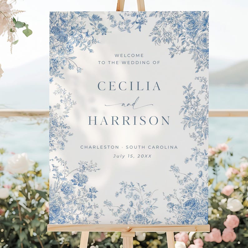 Toile Wedding Welcome Sign, Dusty Blue Welcome Template, Traditional ...