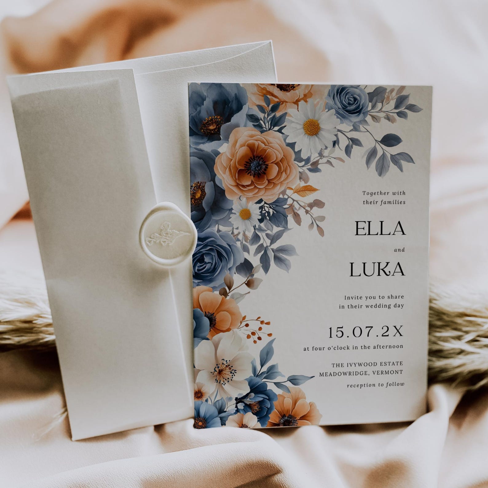 Burnt Orange Dusty Blue Wedding Invite, Terracotta Floral Invitation Template, Printable Boho ...