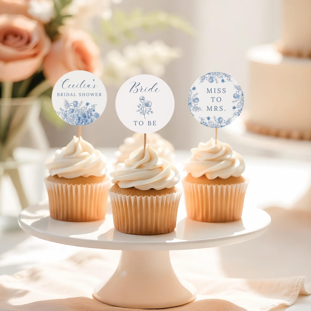 Dusty Blue Toile Bridal Shower Cupcake Toppers | Vintage Floral ...