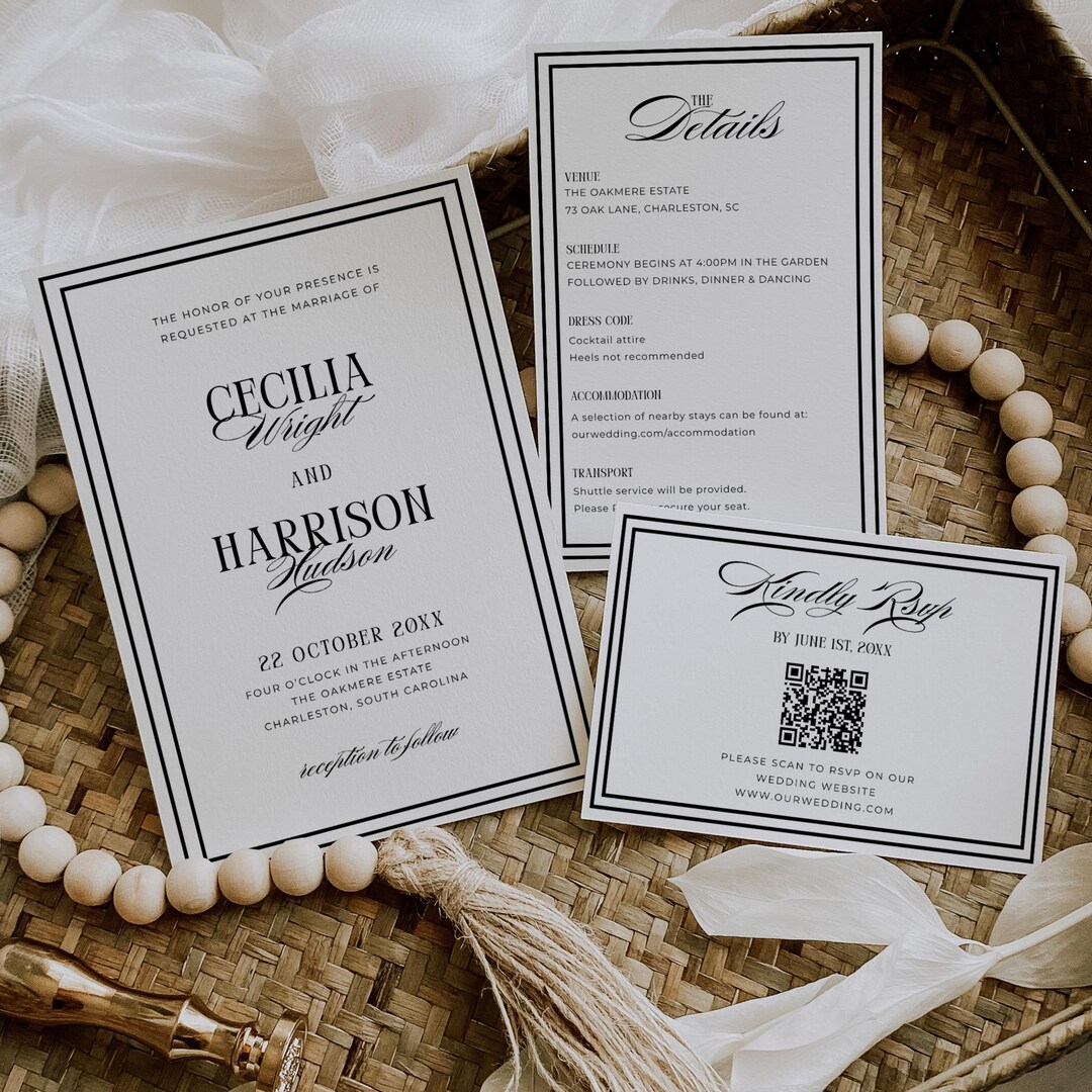 Classic Old Money Wedding Invitation Suite, Minimalist Vintage Invite ...