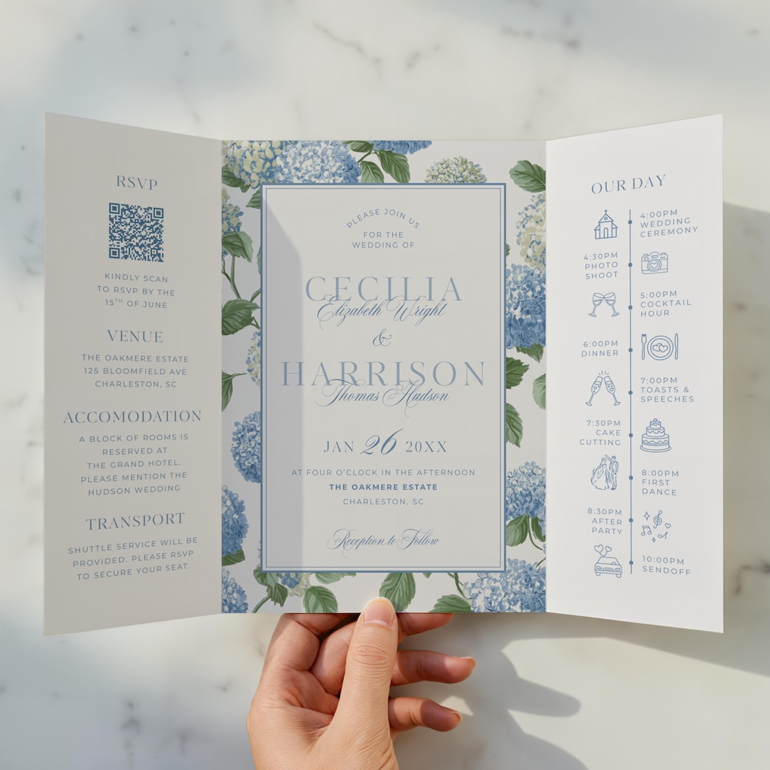 Dusty Blue Floral Gatefold Invitation | Elegant Hydrangea Wedding ...