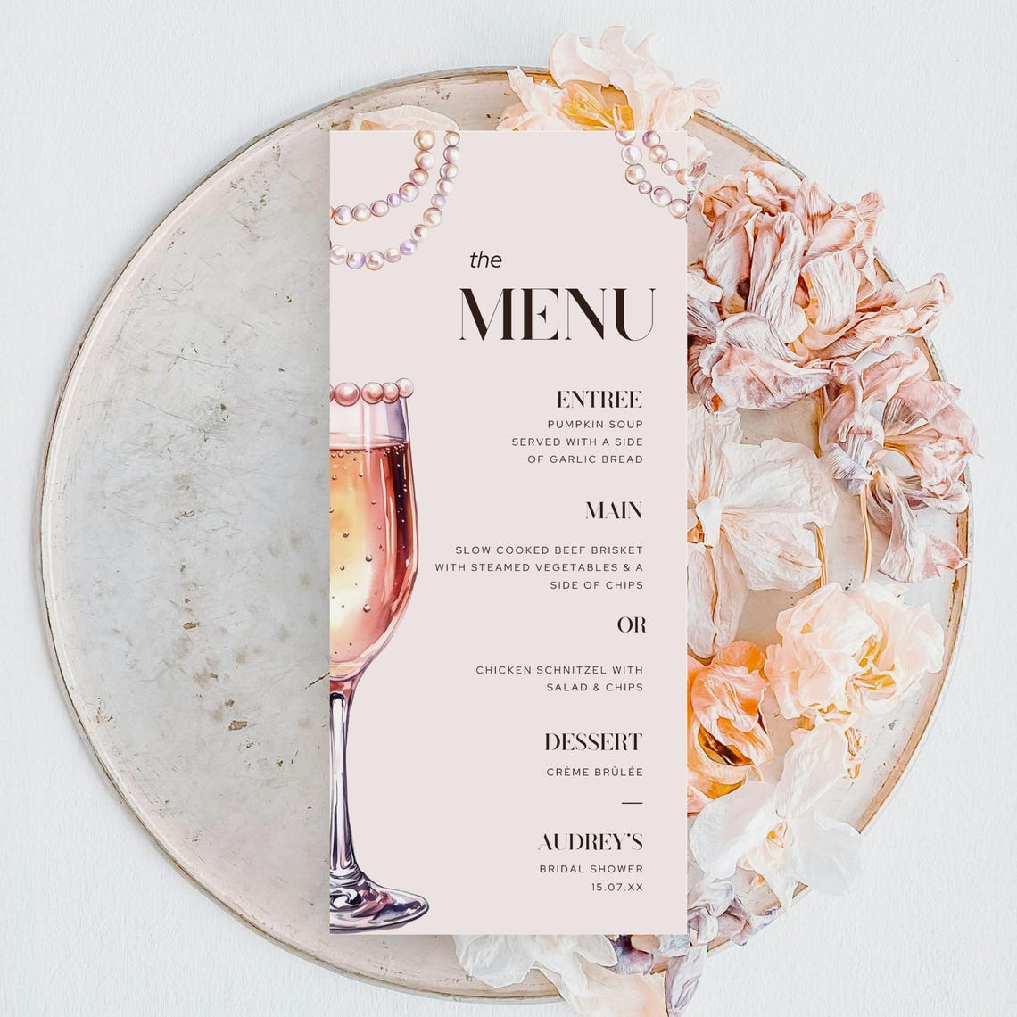 Pearls and Prosecco Bridal Shower Menu, Wedding Shower Menu Template ...