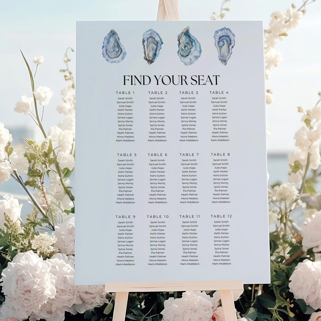 Oyster Wedding Seating Chart, Coastal Find Your Seat Sign, Editable ...
