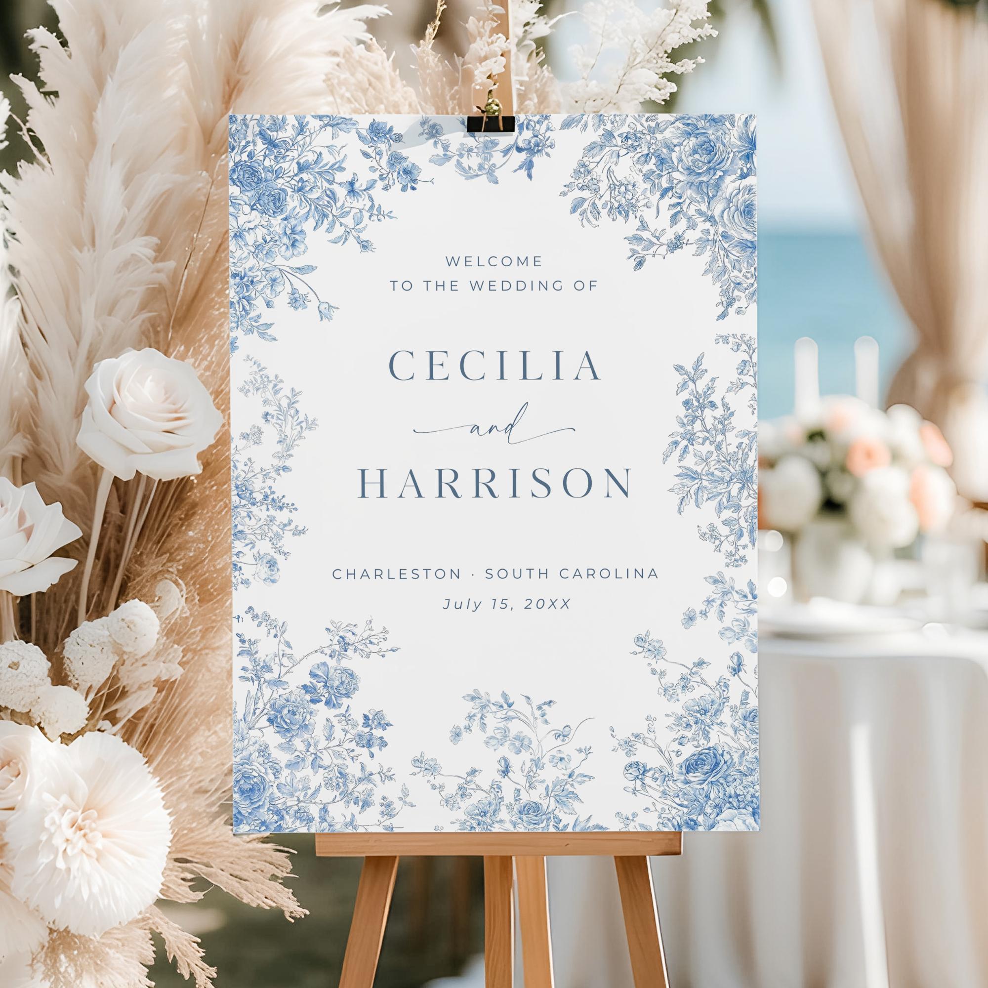 Toile Wedding Welcome Sign, Dusty Blue Welcome Template, Traditional ...