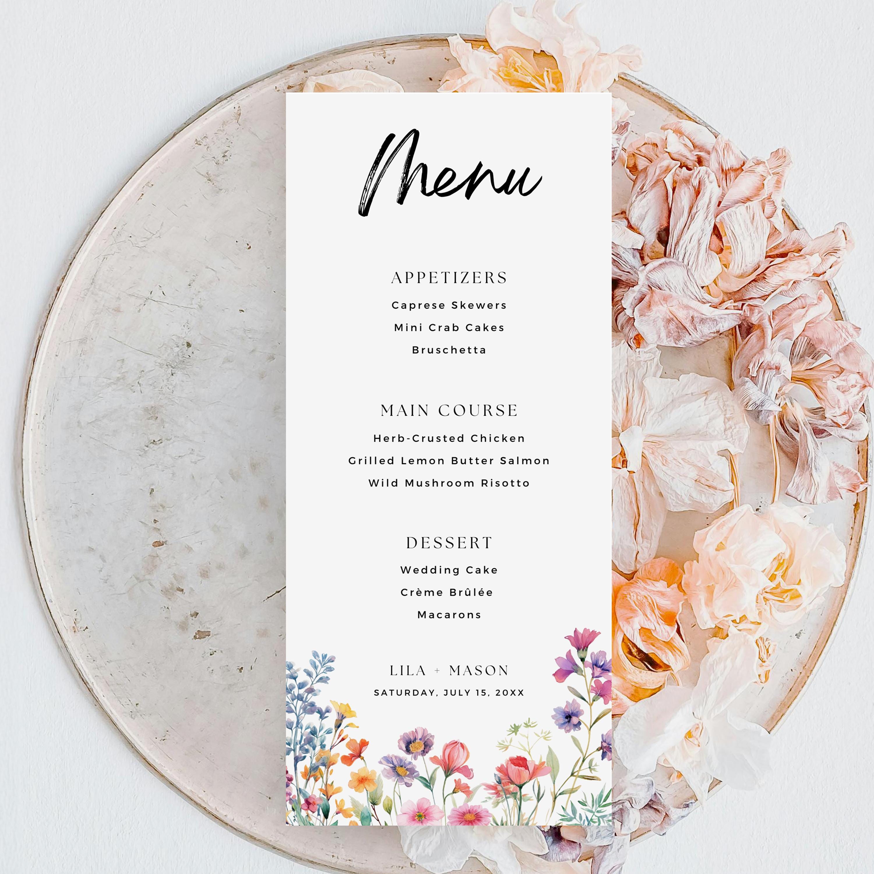 Wildflower Menu Template, Editable Floral Wedding Menu Card, Boho ...