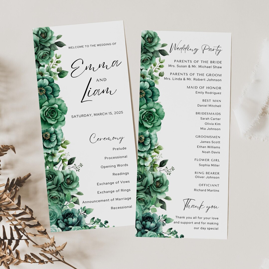 Emerald Green Wedding Program, Editable Floral Ceremony Program, Order ...