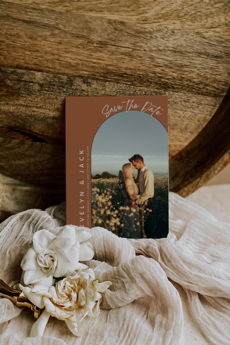 Save the Date Template Rustic Terracotta, Boho Fall Wedding Announcement, Editable With Photo ...