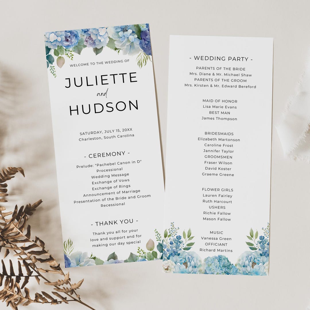 Blue Hydrangea Wedding Program, Printable Ceremony Template, Floral Order of Service Card ...