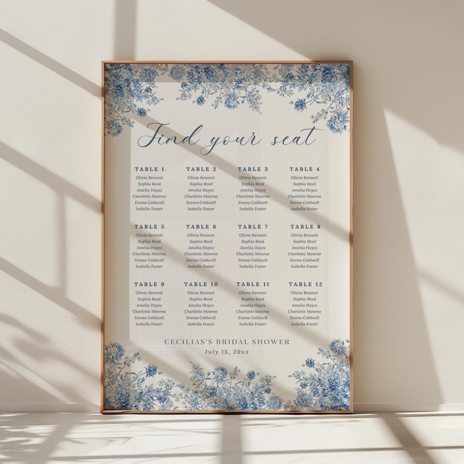 Dusty Blue Toile Bridal Shower Seating Chart | Chinoiserie Table Plan ...