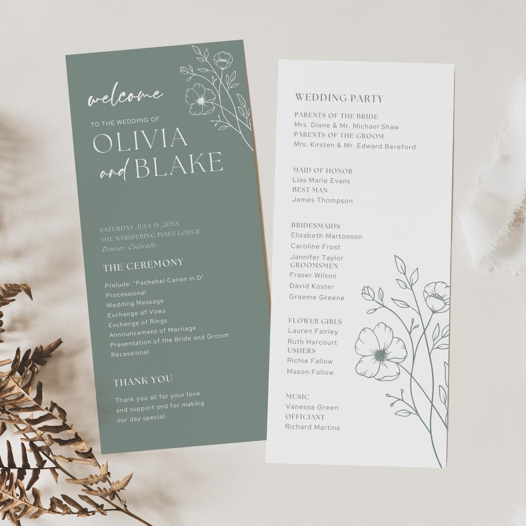 Sage Green Wedding Program, Minimalist Floral Ceremony Program Template, Editable Modern Program ...