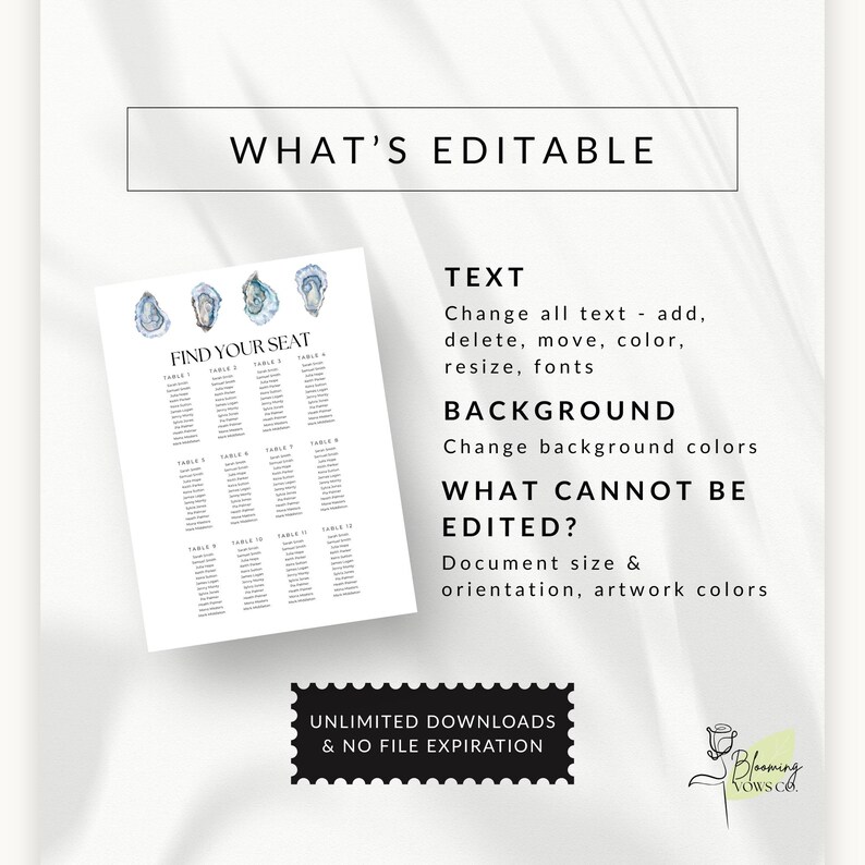 Oyster Wedding Seating Chart, Coastal Find Your Seat Sign, Editable ...