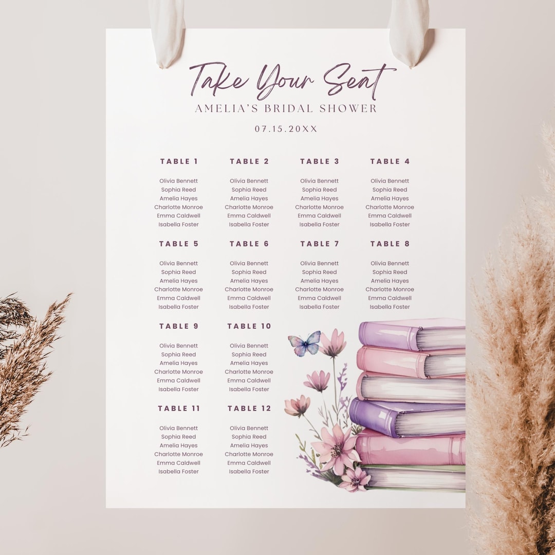 Book Theme Bridal Shower Seating Chart, Editable Book Lovers Guest ...