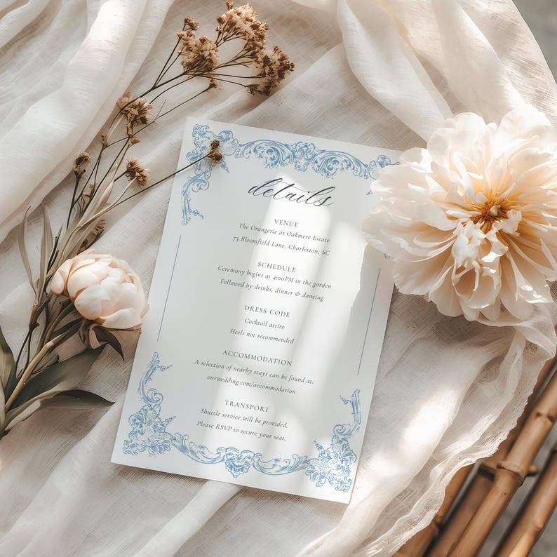 Dusty Blue Wedding Details Card | Vintage Wedding Information Insert ...