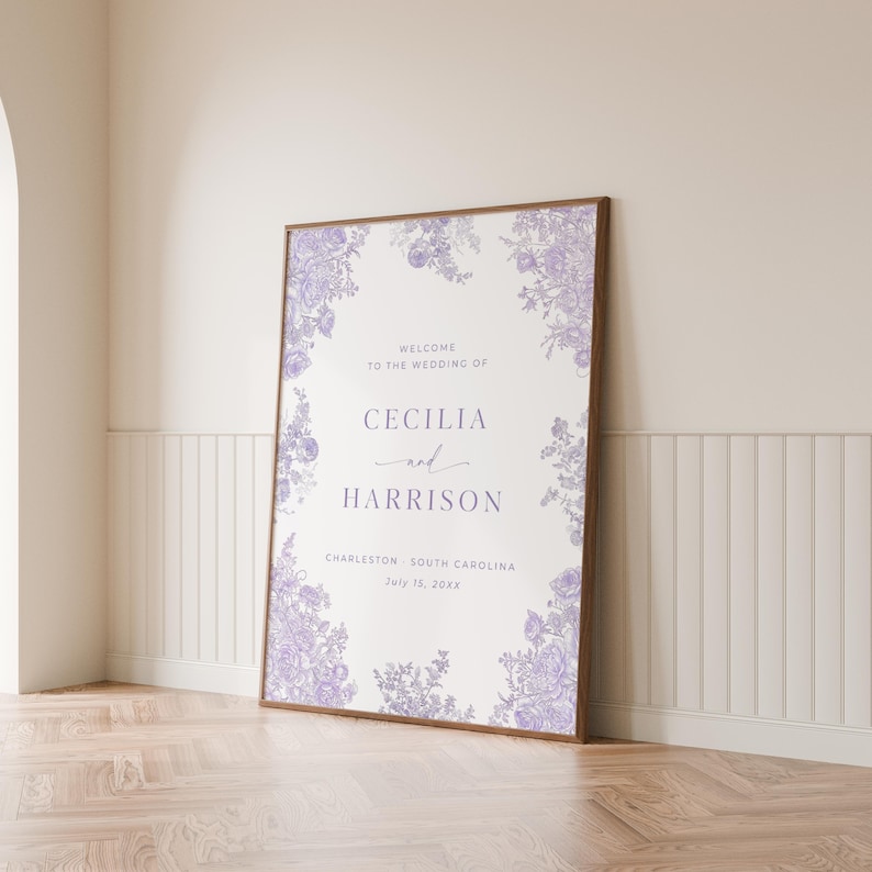 Purple Toile Wedding Welcome Sign | Lavender Floral Welcome Poster ...