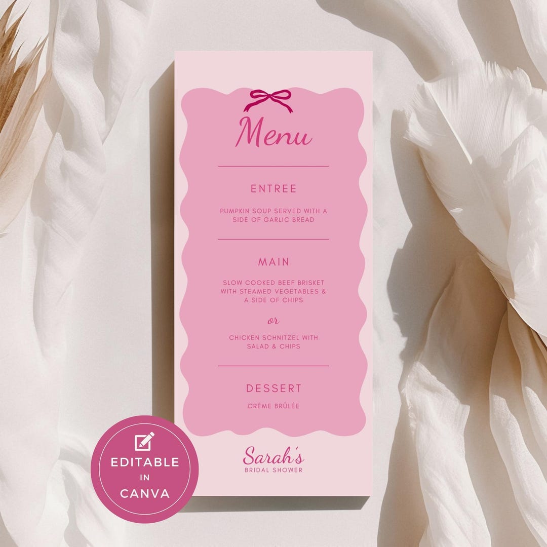 Pink Menu Card, Bridal Shower Brunch Menu, Editable Fuchsia Wedding ...